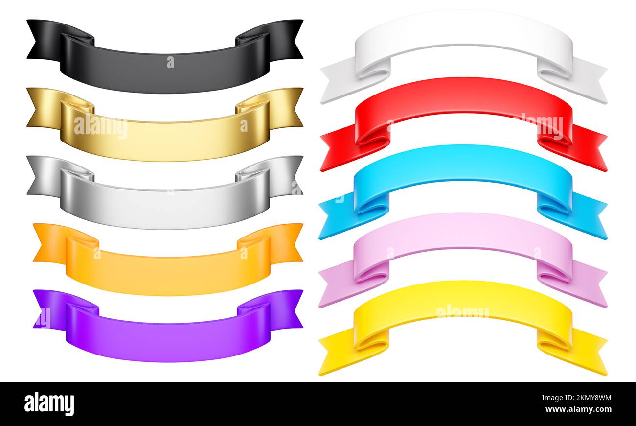3d label ribbons set. Glossy colorful blank plastic banner for advertisment, promo and ...