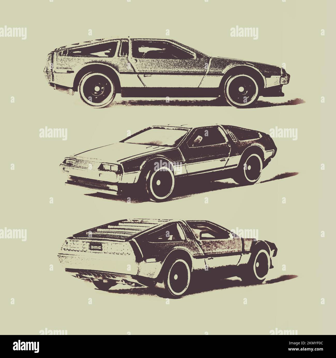 Classic car artwork on a diecast display of the movie famed Delorean in ...