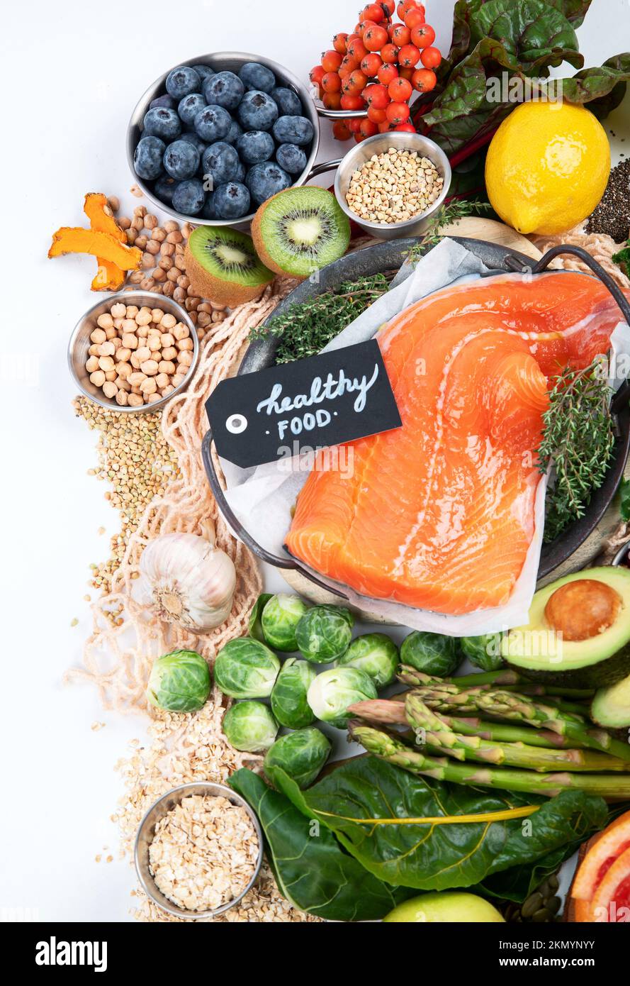 Balanced diet food background. Nutrition, clean eating food concept ...