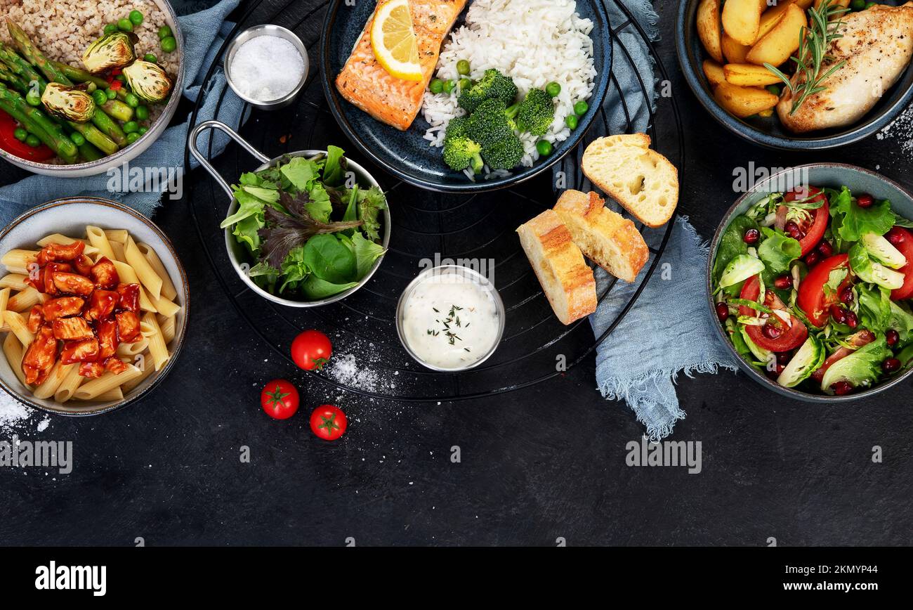Set of various main dishes. Different healthy main courses, meat and ...