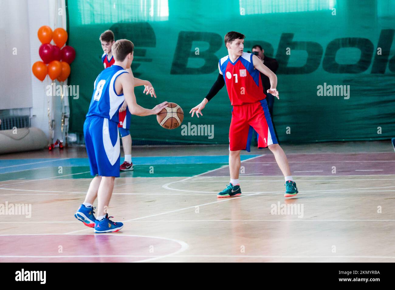 Orenburg, Russia - 15 May 2015: Boys play basketball for the Cup High ...