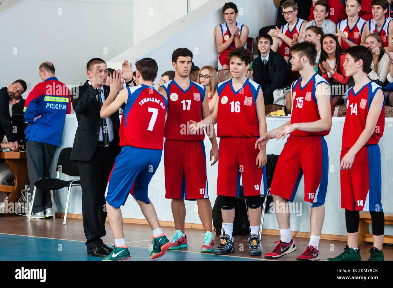 Orenburg, Russia - 15 May 2015: Boys play basketball for the Cup High ...