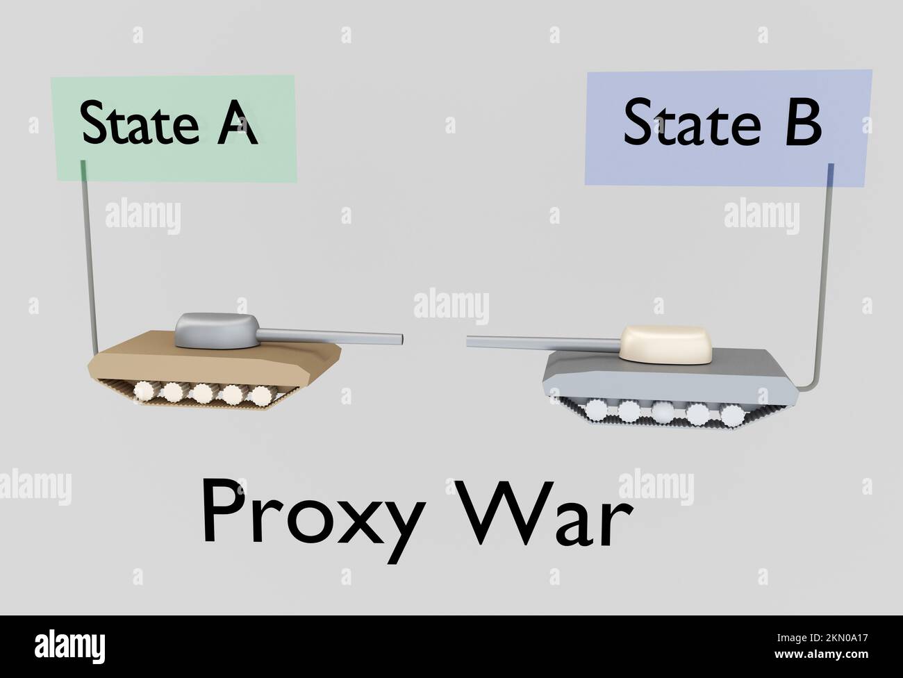 3D illustration of two battle tanks with the script Proxy War, resembling armed conflict between ...