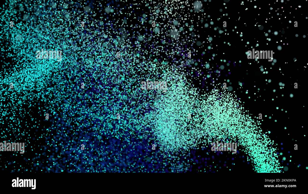 3D rendering of burst of colorful particles on black background Stock ...