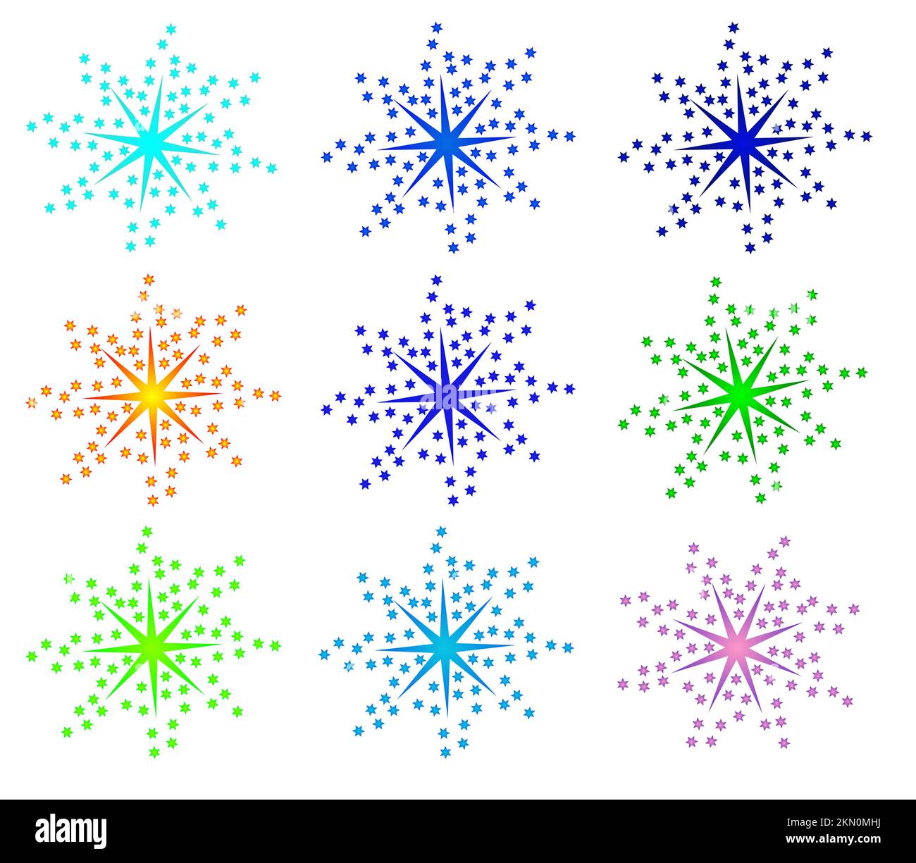 A collection of cartoon comic style firework explosions on a white ...