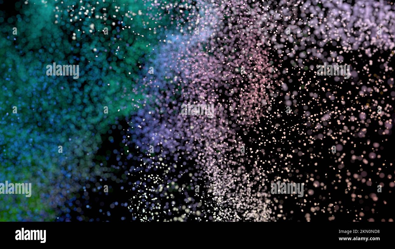 3D rendering of burst of colorful particles on black background Stock ...