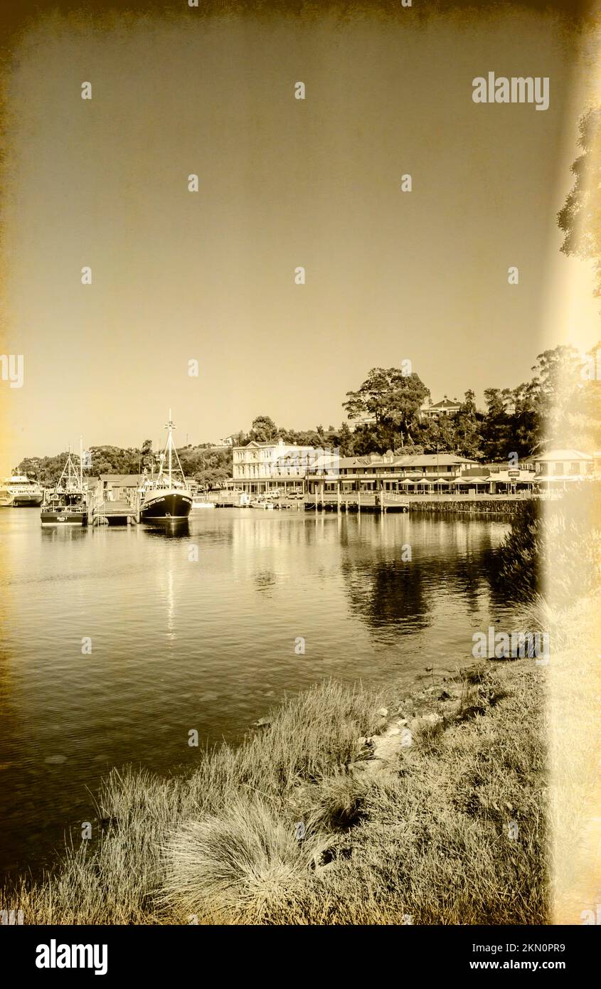 Nostalgic weathered landscape photo on an antique harbour town in faded ...