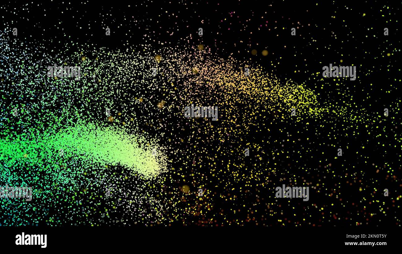 3D rendering of burst of colorful particles on black background Stock ...