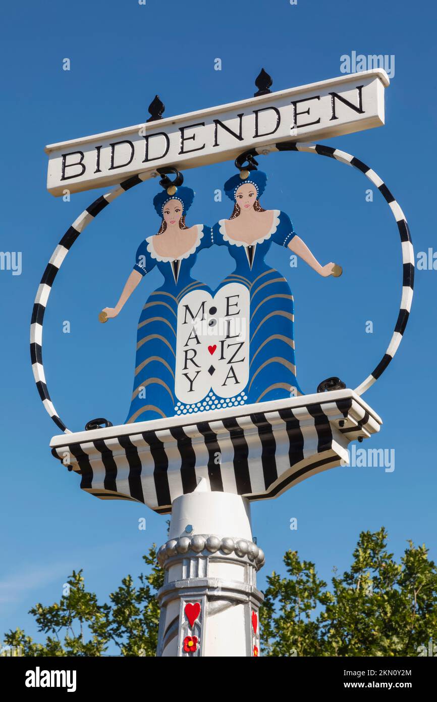 England, Kent, Biddenden, The Wrought-iron Village Sign showing Mary ...