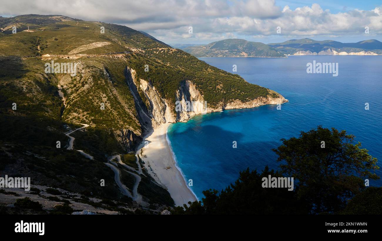 Myrtos Beach, view from above, white sandy beach, bay in cliff ...