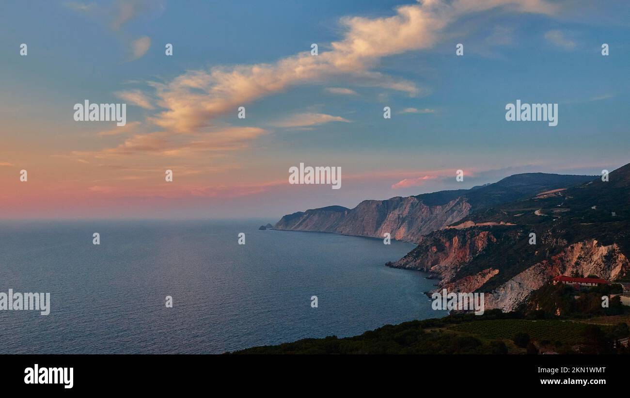 Dusk, Kipoureon Monastery, Paliki Peninsula, west coast, cliffs, blue ...
