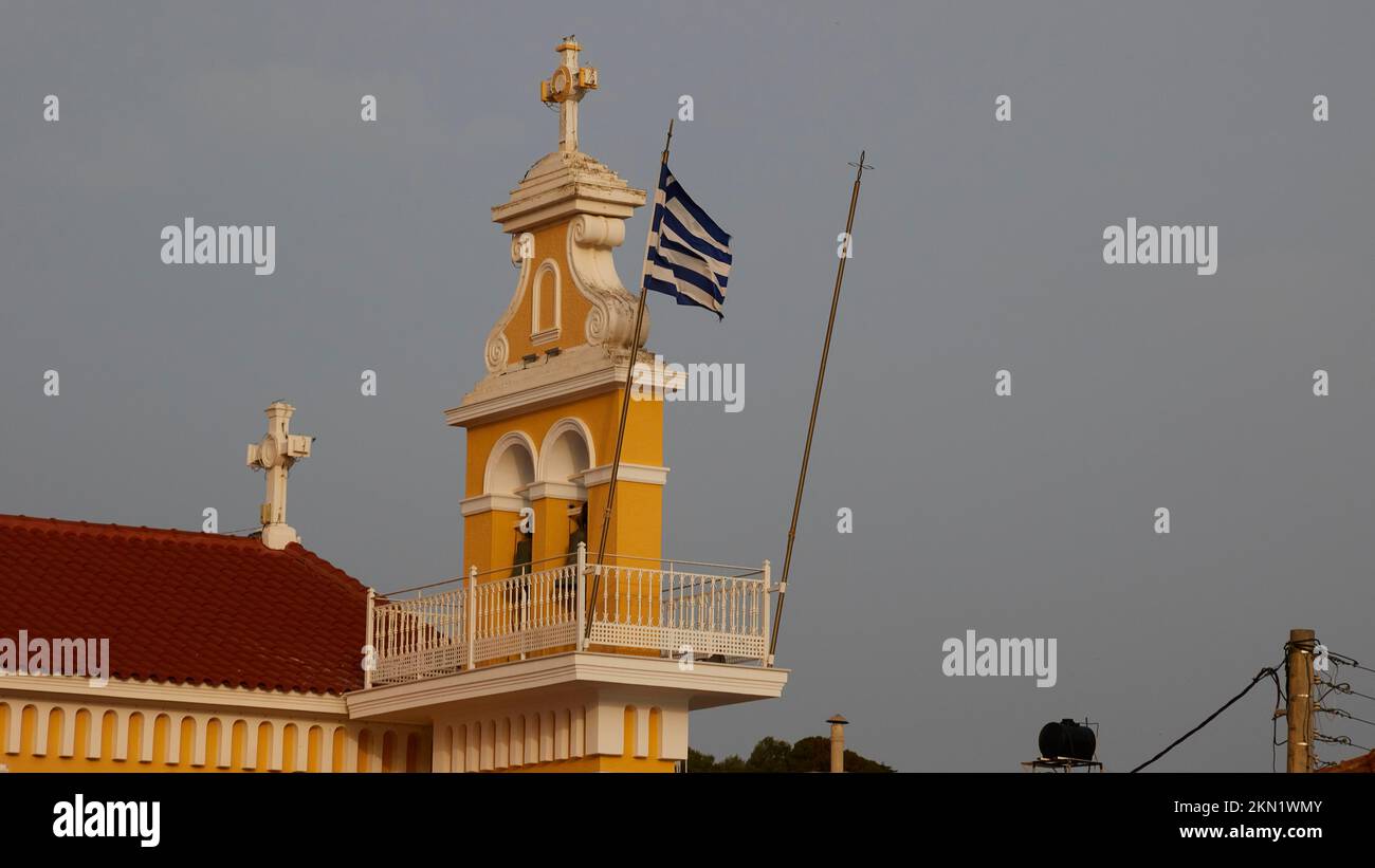 Panagia Church, orange steeple, Greek national flag, Argostoli, blue ...
