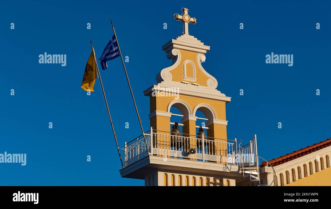 Panagia Church, orange steeple, Greek national flag, Orthodox flag ...