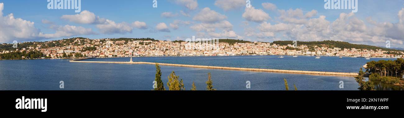 Panorama shot, De Bosset Bridge, Obelisk, Gulf of Argostoli, blue sky ...