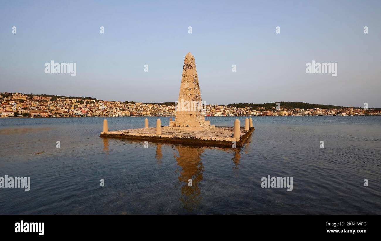 Obelisk, De Bosset Bridge, blue cloudless sky, Argostoli, Kefalonia ...