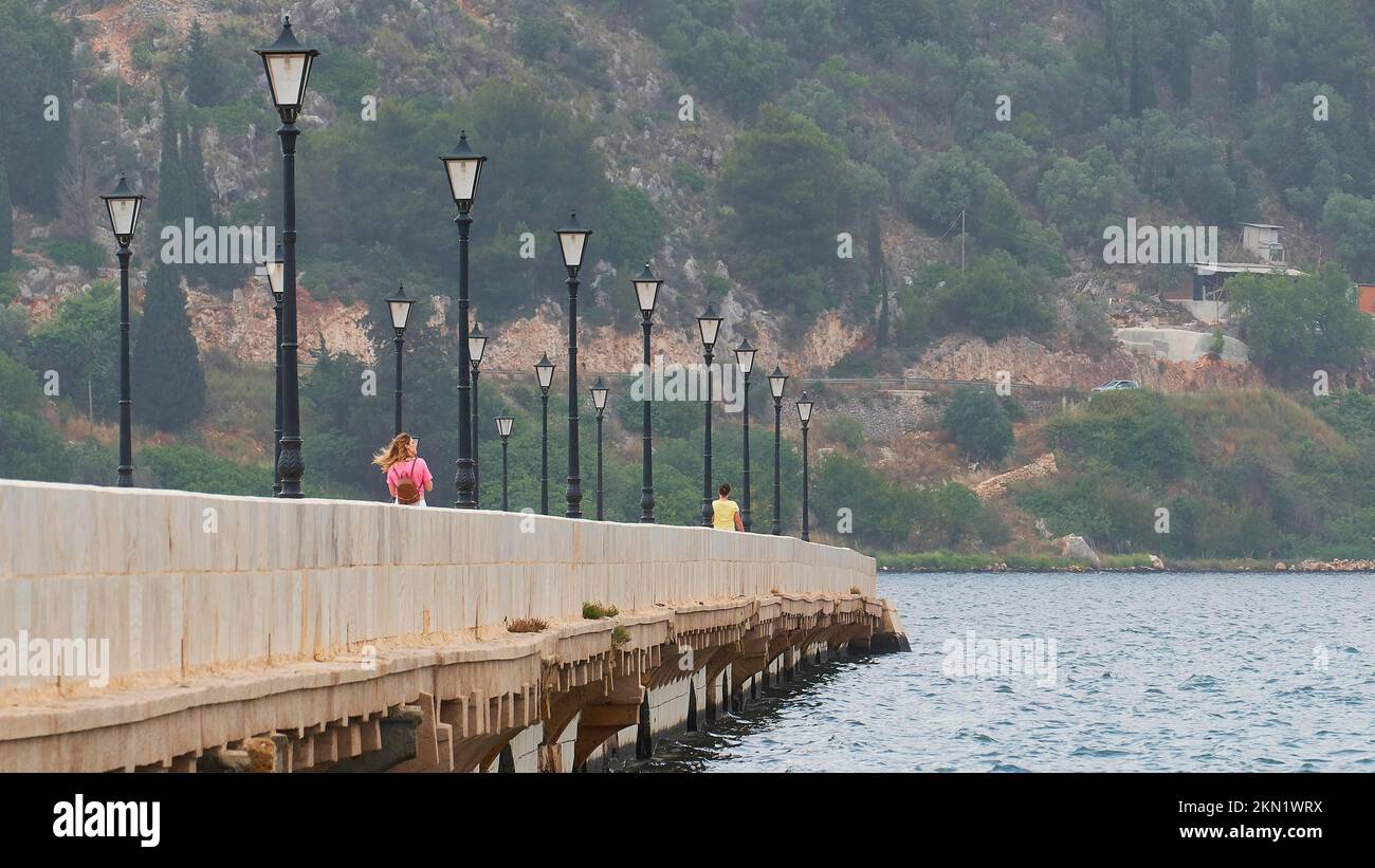De Bosset Bridge, Passers-by, Lanterns, Argostoli, Kefalonia Island ...