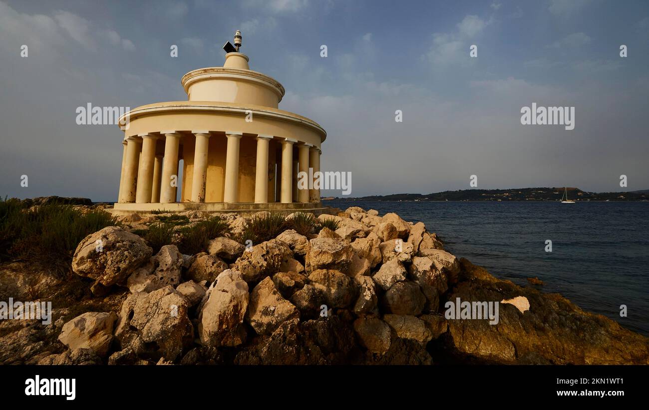 Classicist lighthouse, lantern of Saint Theodosius, blue sky with white ...
