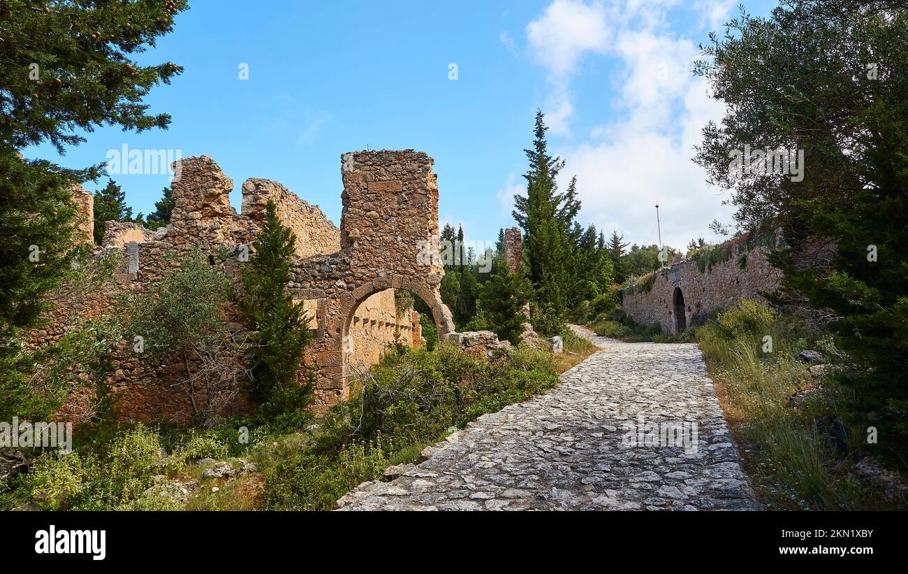 Fortress, interior, ruins of buildings, paved path, trees, fortress ...