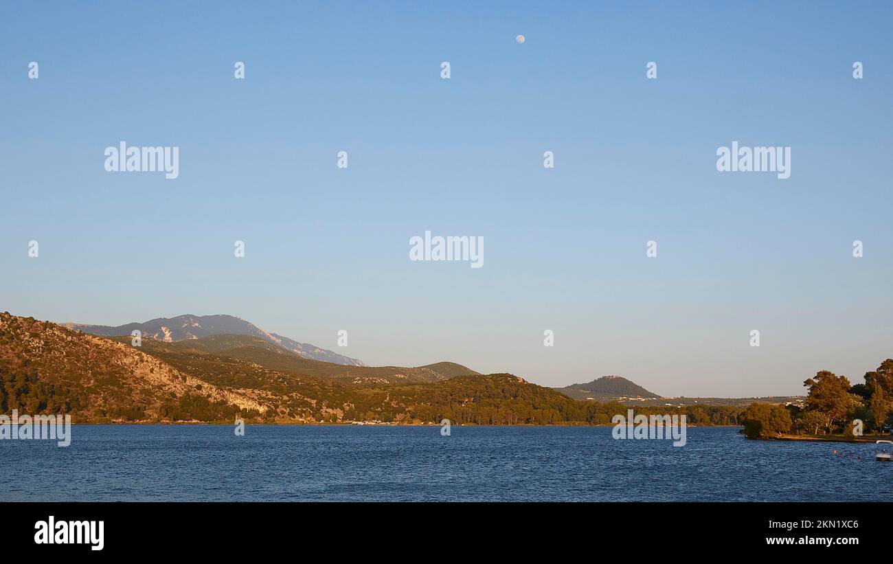 Argostoli Bay, Full Moon Small, Wooded Hills, Blue Cloudless Sky ...