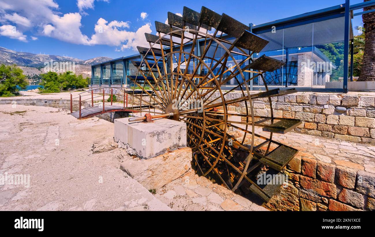 Katavothres, modern building, glass front, blue sky with white clouds ...