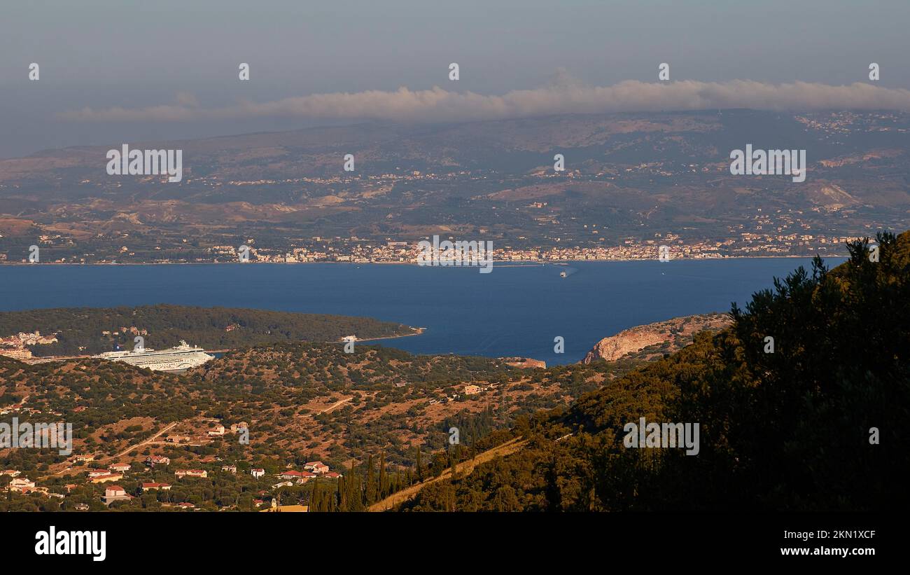 Argostoli bay, hills, grey-white cloud band, Argostoli, Kefalonia ...