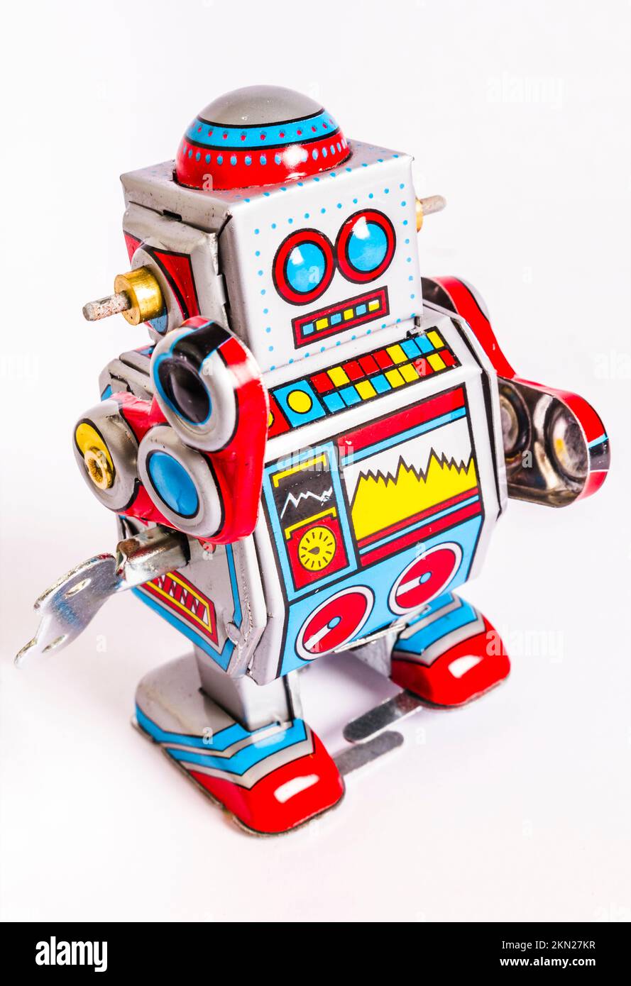 Colourful step up in toys and games with turn key robot moving in ...