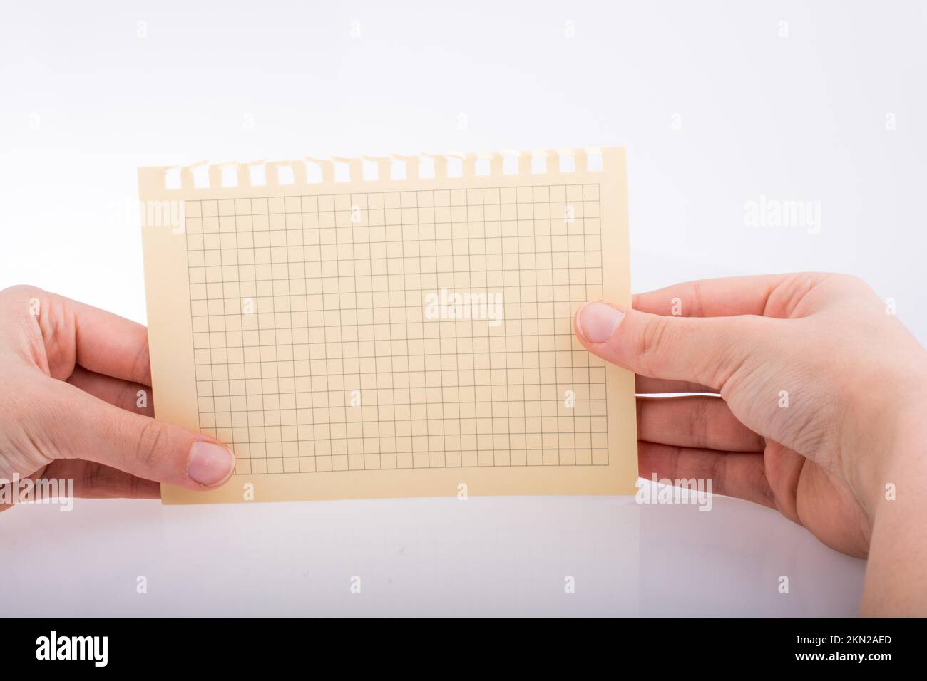 Hands holding a sheet of checked paper on a white background Stock ...