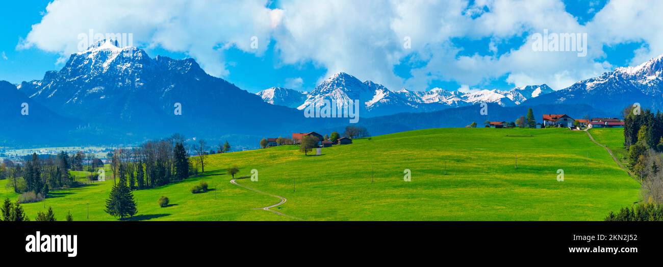 Alpine foothills near Roßhaupten, behind Neuschwanstein Castle and the ...