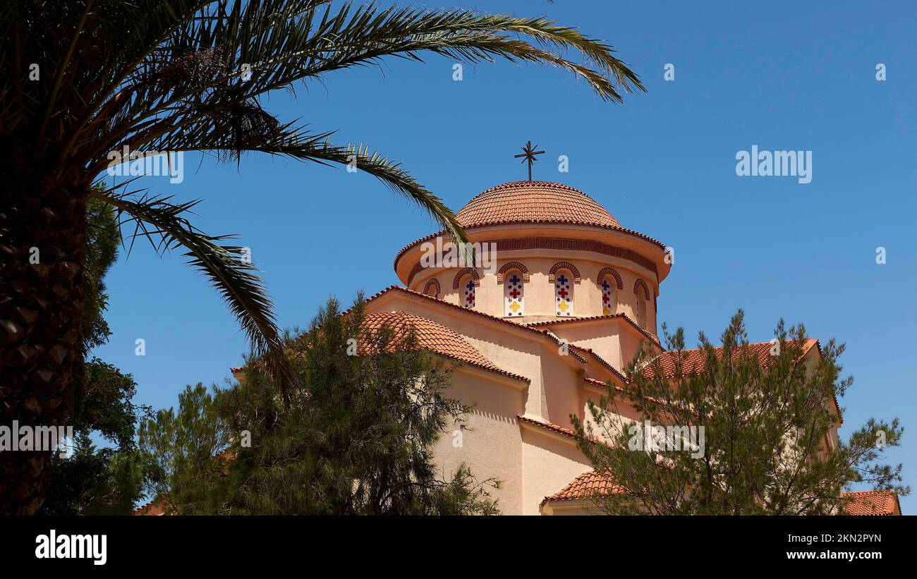 Monastery of Agios Gerasimos, island saint, palm tree, red dome roof ...