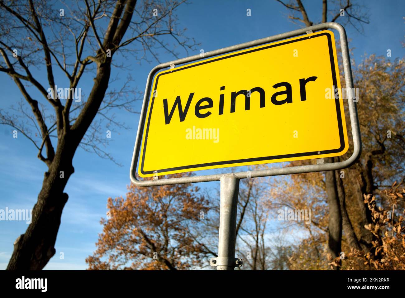 Place-name sign of the classical city of Weimar in Thuringia, Germany ...