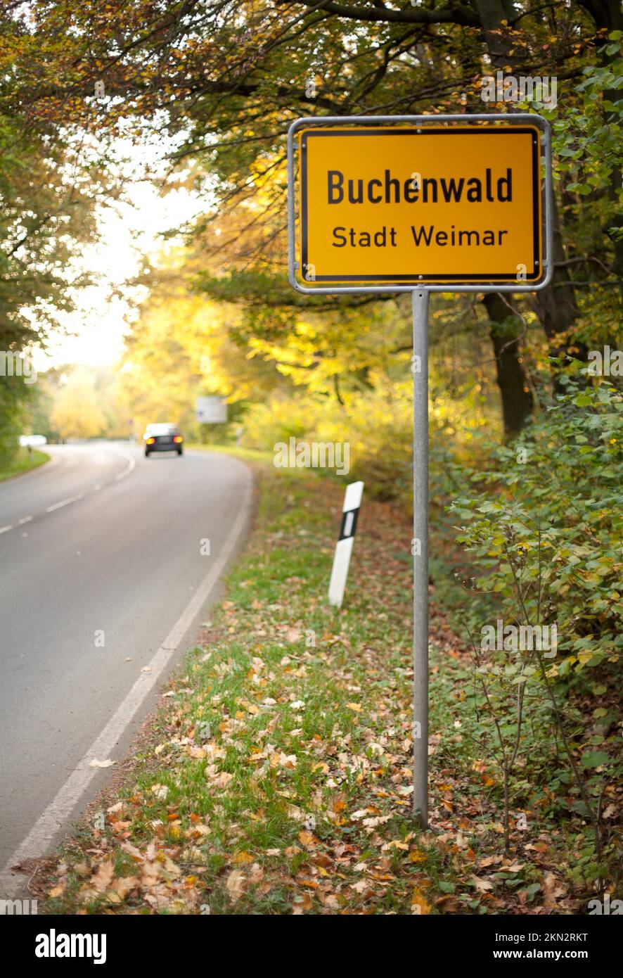 Entrance sign to beech forest near Weimar, concentration camp memorial ...