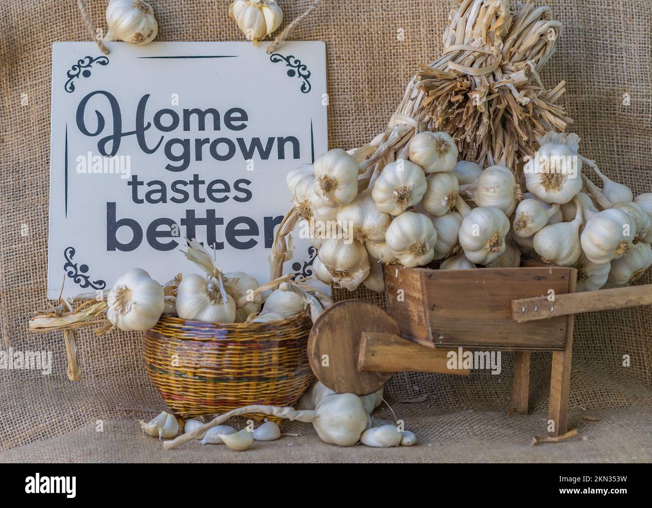 Home grown tastes better sign, with fresh garlic Stock Photo - Alamy