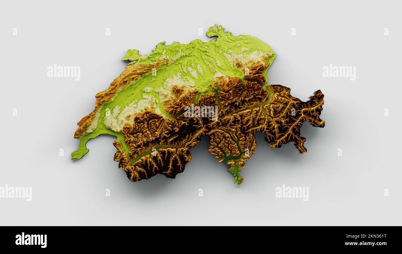 A 3D rendering of a height map of Switzerland with shaded relief ...
