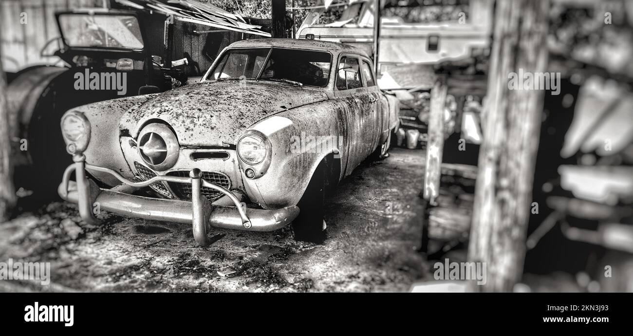 A rusty old Studebaker champion car model in a greyscale Stock Photo ...