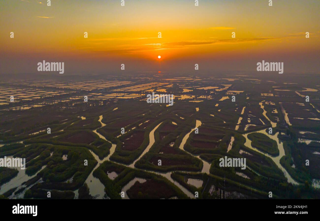 SUQIAN, CHINA - NOVEMBE 25, 2022 - Aerial photo shows the winding reed ...