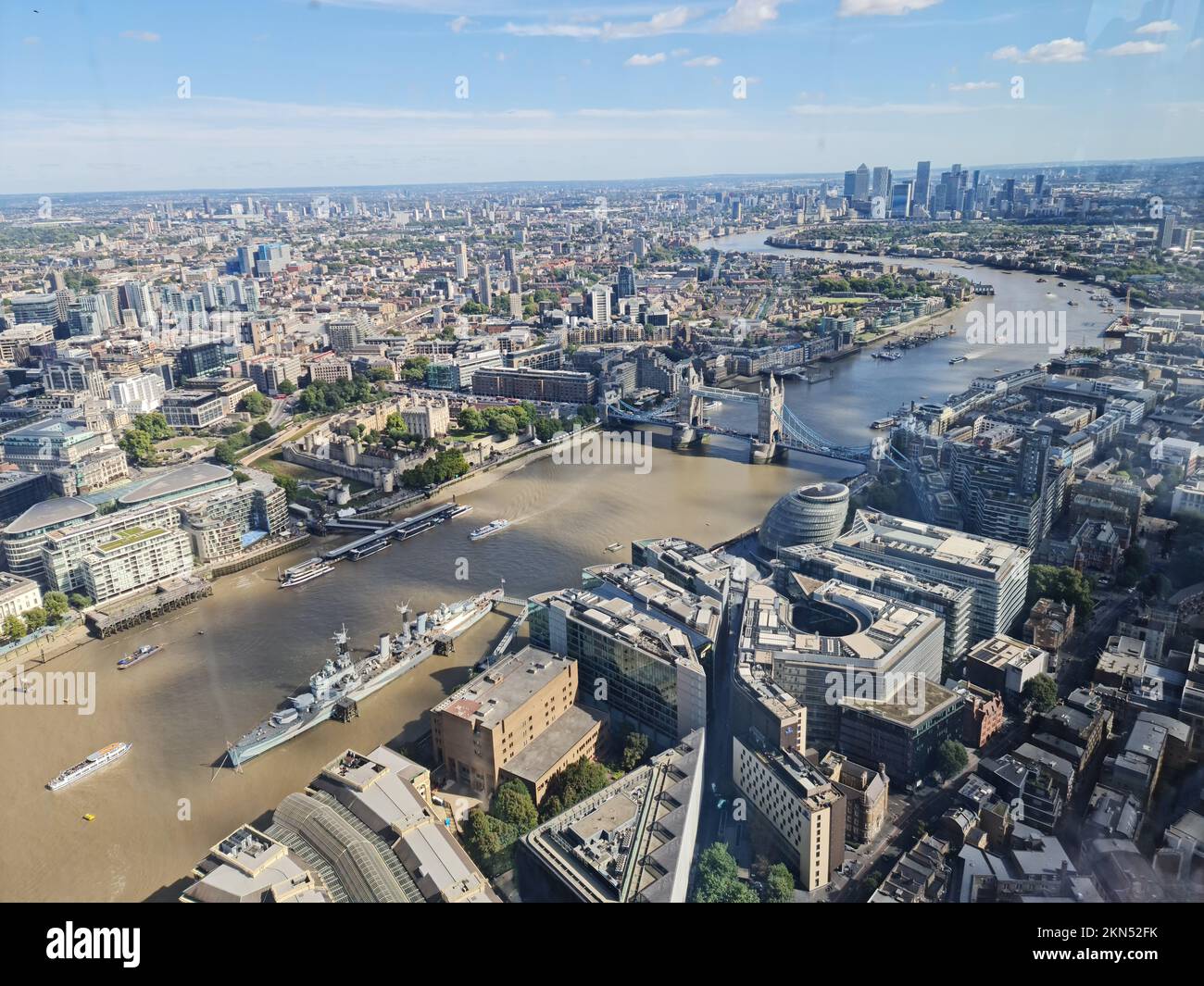 An aerial view of the River Thames with Tower bridge in London, England ...