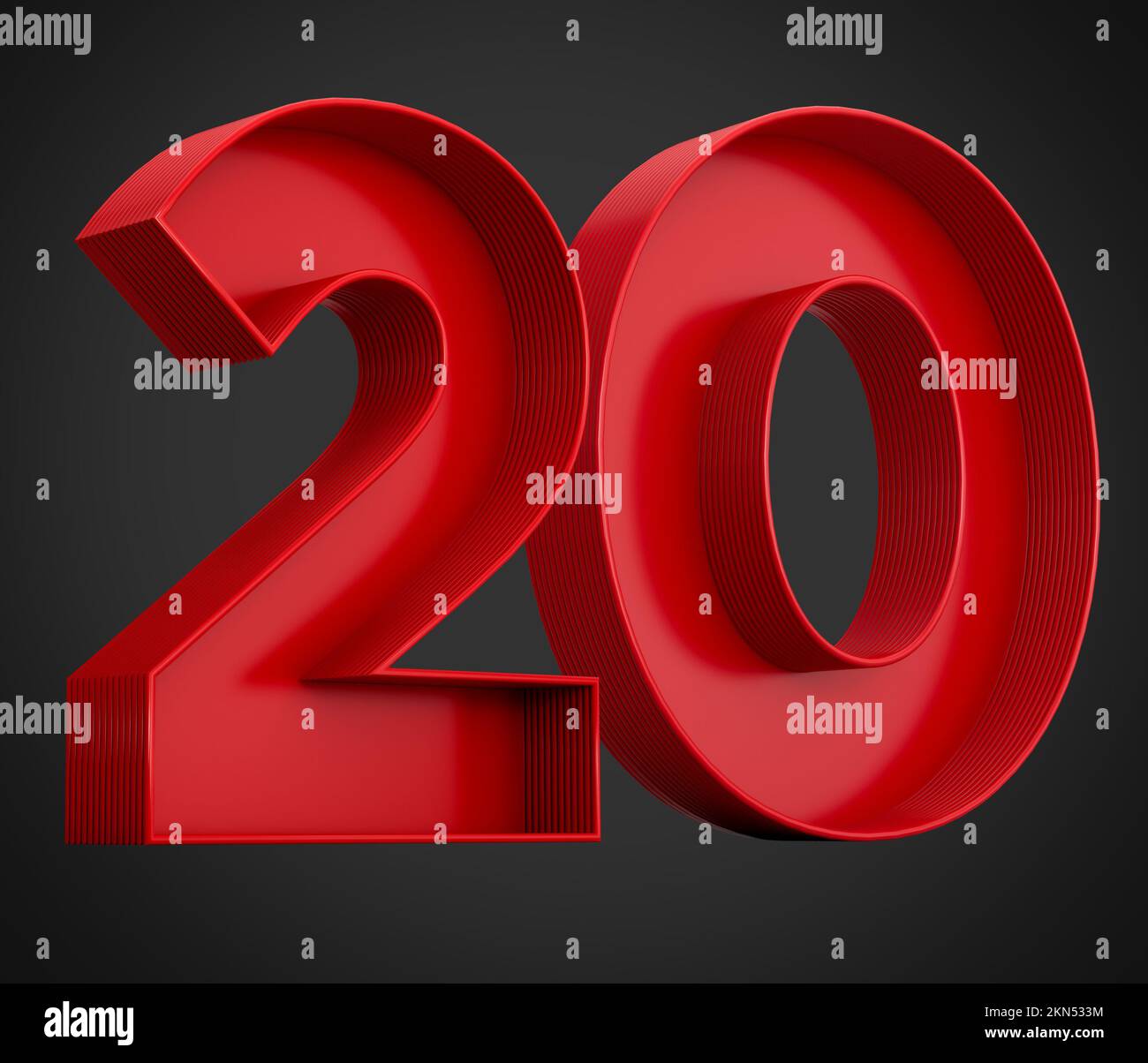 A 3d rendering of the number twenty in red over the black background ...