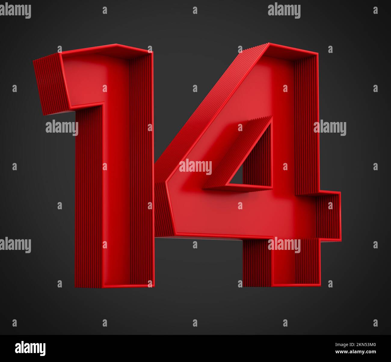 A 3d rendering of the number fourteen in red over the black background ...