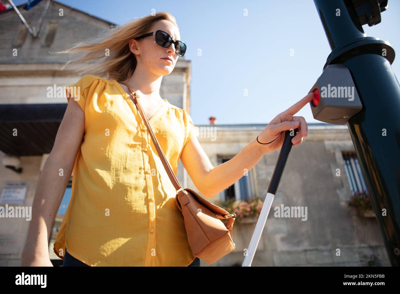 young blind woman with crossing road Stock Photo - Alamy