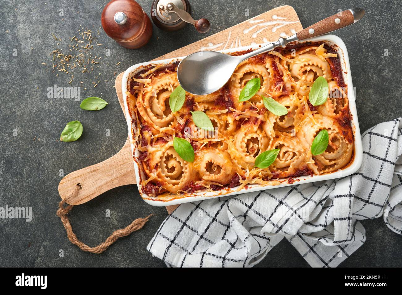 Lasagna. Homemade lasagna pasta rotolo bake with tomato sauce, cream ...