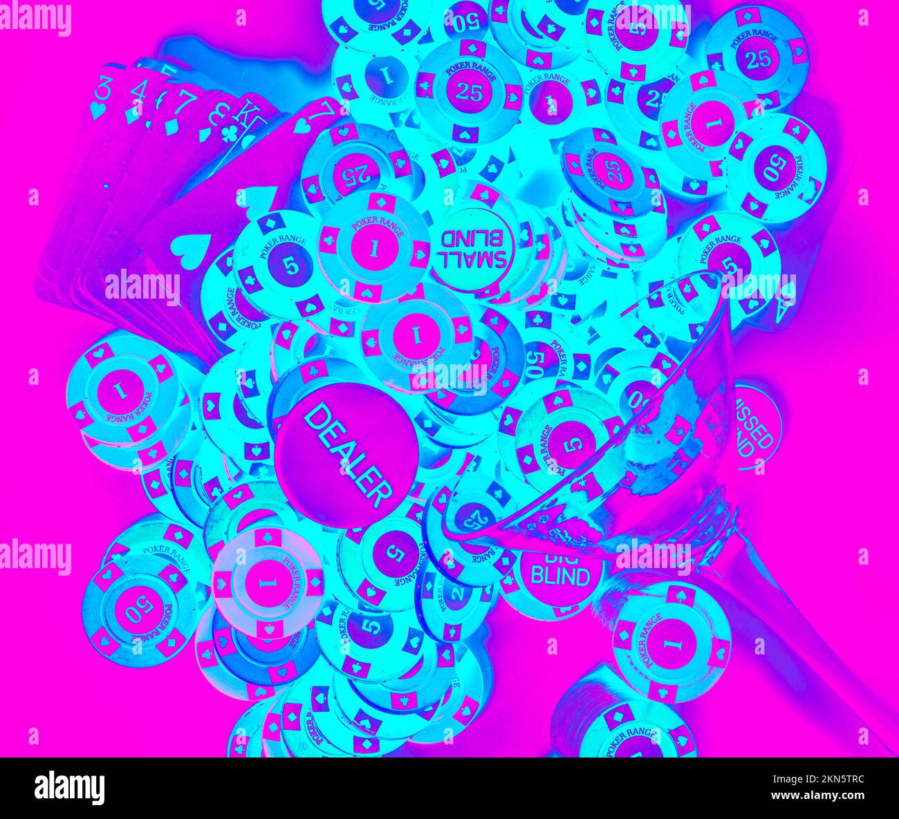 Retro Vegas artwork on a spill of neon poker playing tokens in pink and ...