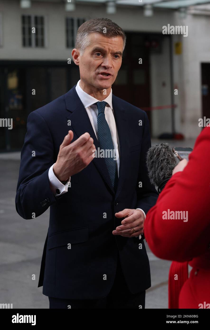 Transport Secretary Mark Harper speaks to waiting media outside BBC ...