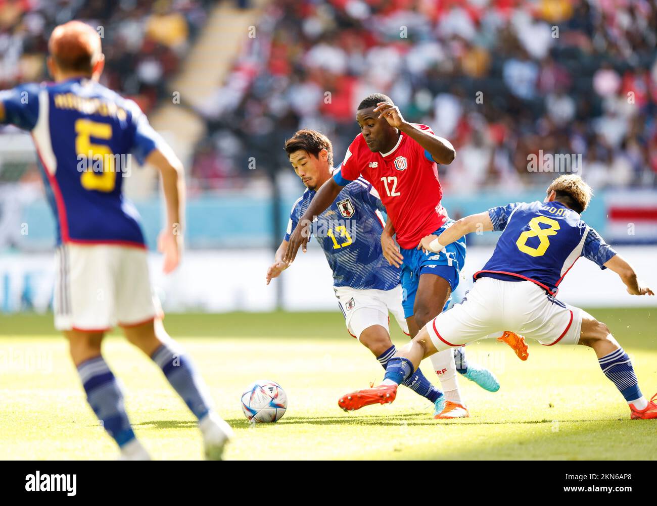 Al Rayyan, Qatar. 27th Nov, 2022. Joel Campbell (2nd R) of Costa Rica vies with Morita Hidemasa ...