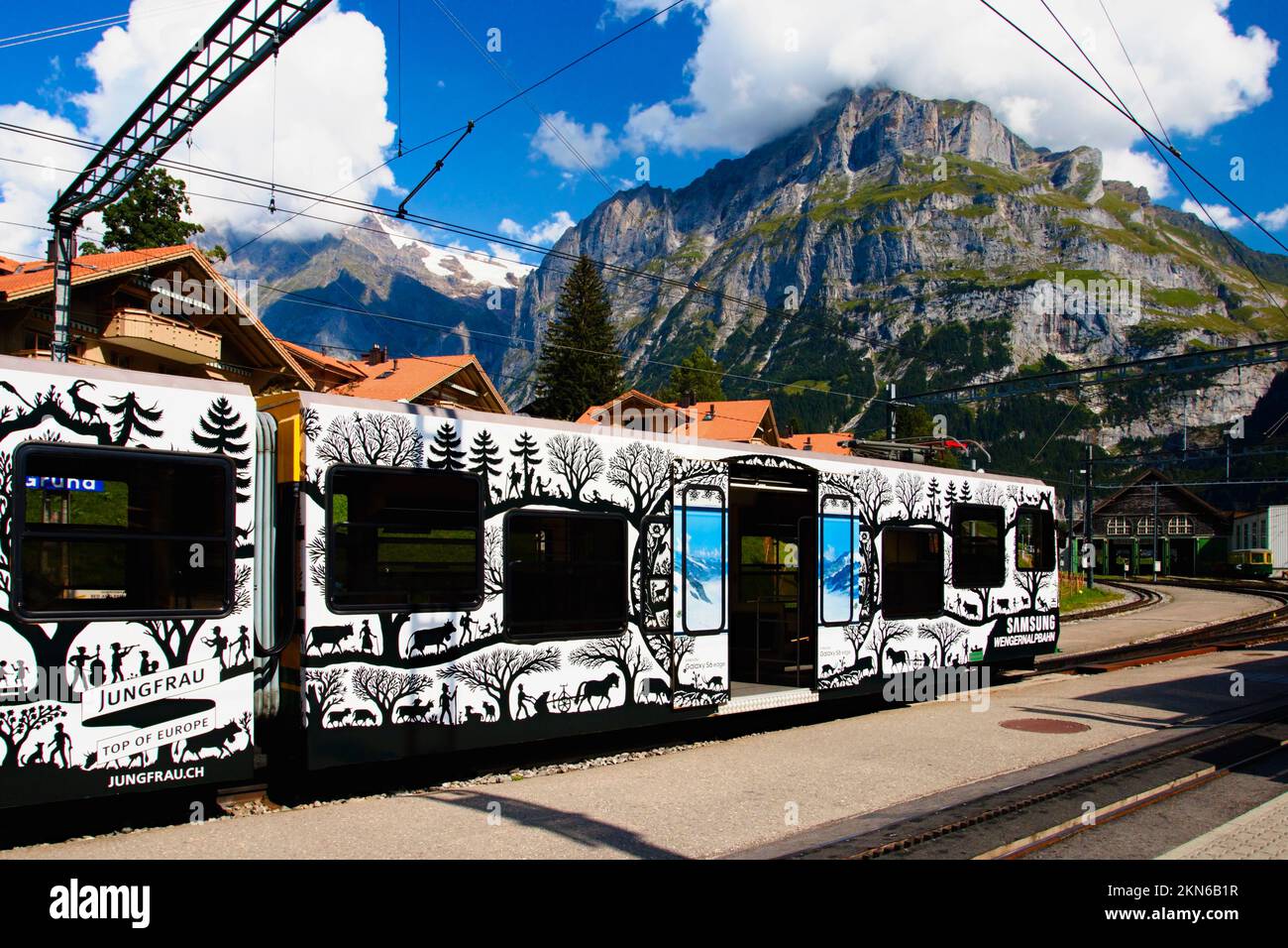 Stations and train sets in the town of Grindelwald under the Eiger ...
