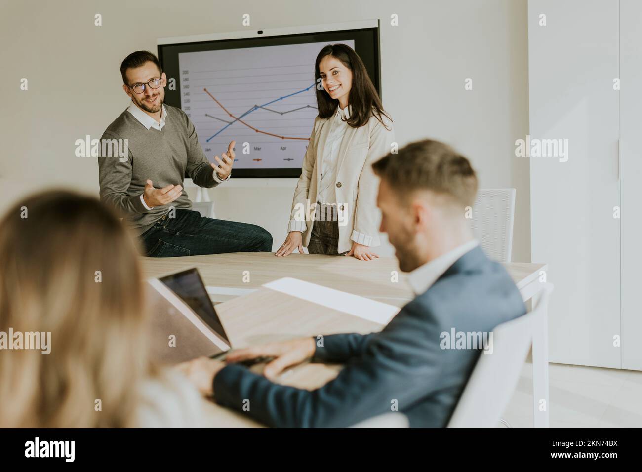 Businessman presenting project strategy showing ideas on interactive ...