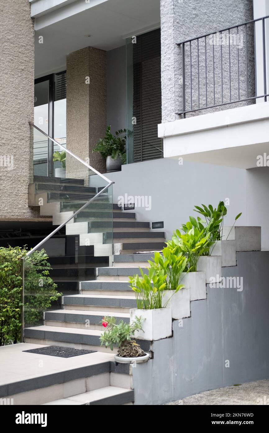 A vertical shot of green plants on the stairs of a modern house Stock ...