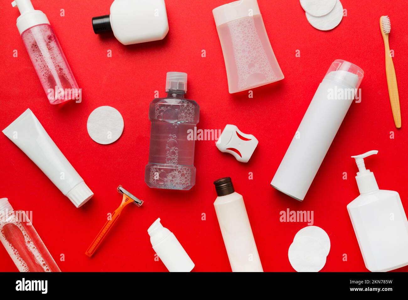 Mockup for bathing products top view flat lay, spa razor, toothpaste ...