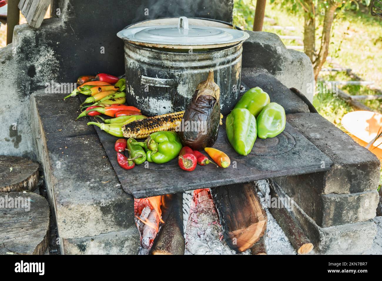 Roasting peppers and eggplant on iron plate on outdoor rustic hearth ...