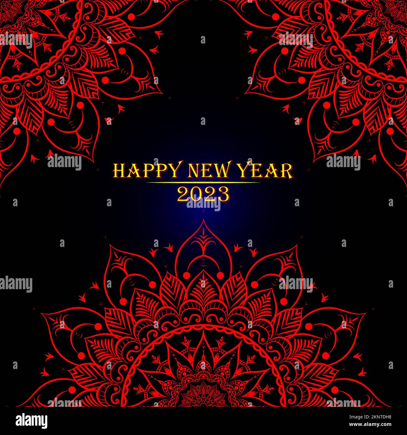 Happy new year 2023 card or poster with mandala art isolated on a dark background, floral ...