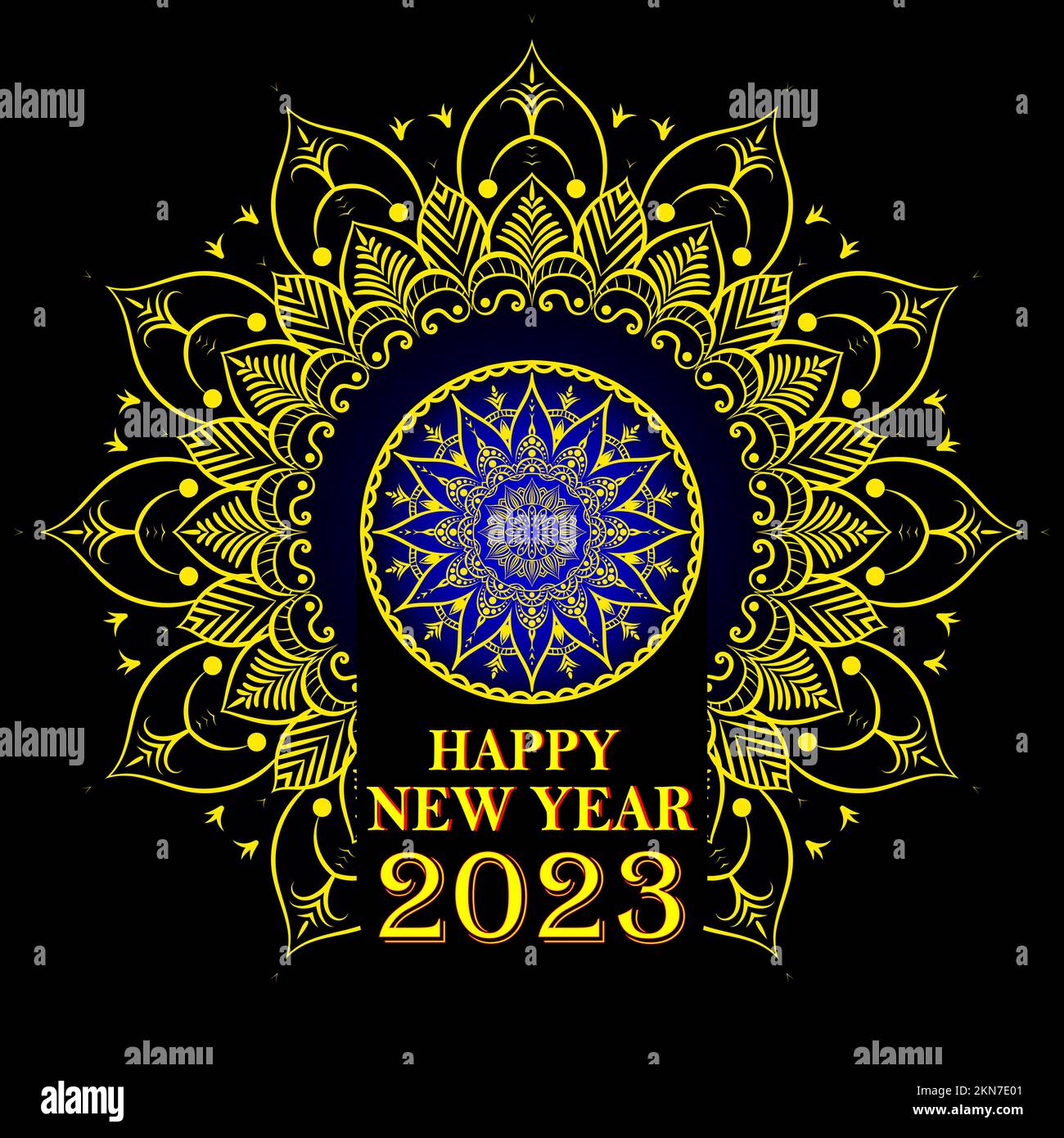 Happy new year 2023 card or poster with mandala art isolated on a dark background, floral ...